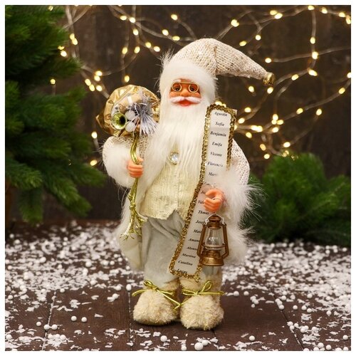 Фигурка Зимнее волшебство Дед Мороз с бантиками на ботиночках и с фонариком 7856750, 30 см, золотисто-белый