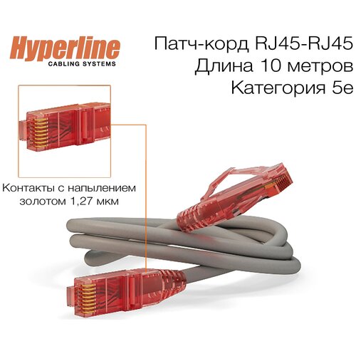 Патч-корд Hyperline U/UTP, сетевой кабель Ethernet Lan для интернета, категория 5e, витой, 100% Fluke, LSZH, 10 м, серый