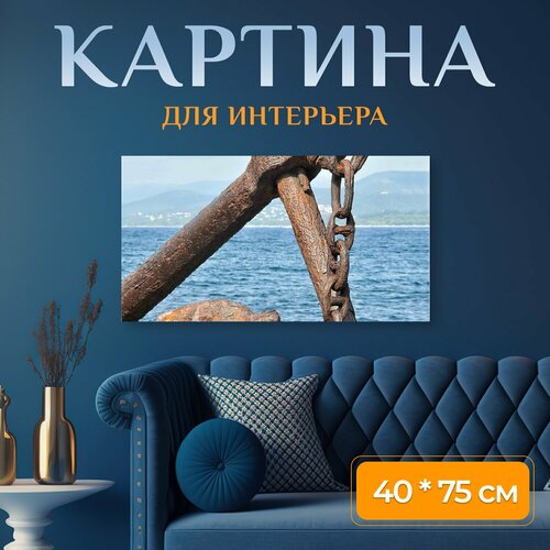 Картина на холсте "Якорь, лодка, море" на подрамнике 75х40 см. для интерьера
