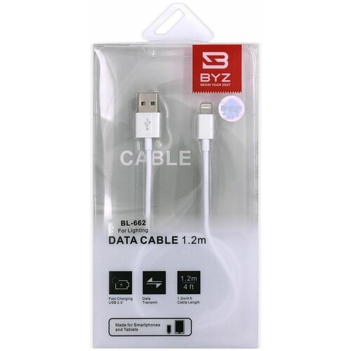 USB-кабель BYZ BL-662 AM-8pin (Lightning) 1,2 метра, 2.1A, силикон, белый