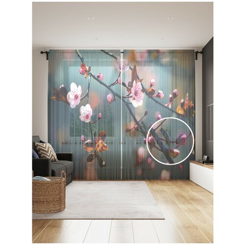 Тюль для кухни и спальни JoyArty "Распускающиеся ветки вишни", 2 полотна со шторной лентой шириной по 145 см, высота 265 см.