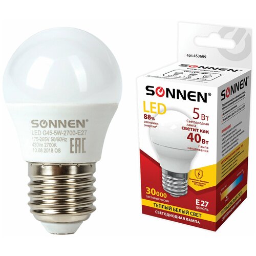 Лампа светодиодная SONNEN, 5 (40) Вт, цоколь E27, шар, теплый белый свет, 30000 ч, LED G45-5W-2700-E27, 453699