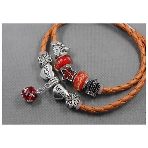Плетеный браслет Handinsilver ( Посеребриручку ) Браслет с шармами на кожаной основе в два оборота, стразы, экокожа, стекло, 1 шт., размер 18 см, оранжевый
