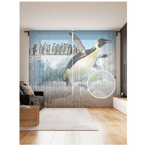 Тюль для кухни и спальни JoyArty "Веселье у пингвинов", 2 полотна со шторной лентой шириной по 145 см, высота 265 см.