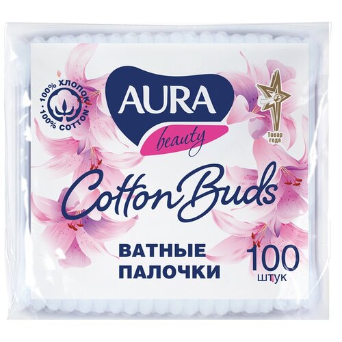 Ватные палочки Aura Beauty Cotton buds, белый/розовый, 100 шт., пакет