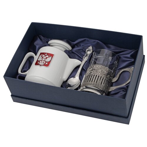 Чайный набор с подстаканником и фарфоровым чайником эгоист-м, серебристый/белый