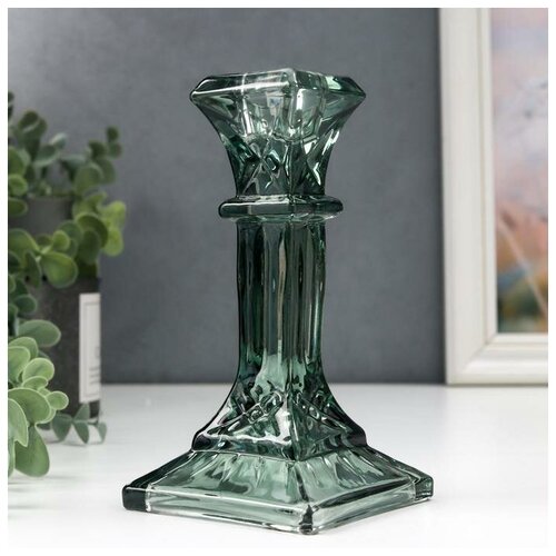 Подсвечник стекло на 1 свечу "Колонна прямоугольная" зелёный прозрачный 16х8,6х8,6 см