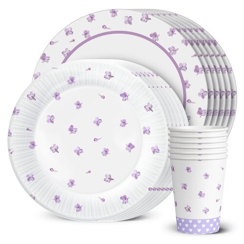Набор бумажной одноразовой посуды для праздника Сирень (тарелка мал, тарелка бол, стакан, по 6 шт.) ND Play