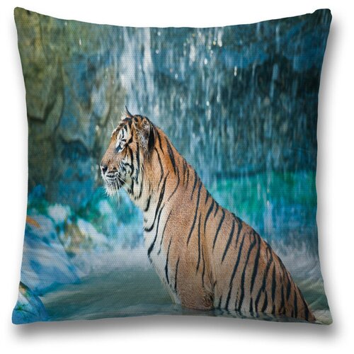 Наволочка декоративная на молнии, чехол на подушку JoyArty "Тигр вод водопадом" 45х45 см