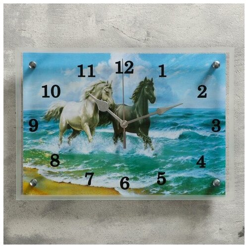 Часы настенные, серия: Животный мир, "Лошади в море", 25х35 см