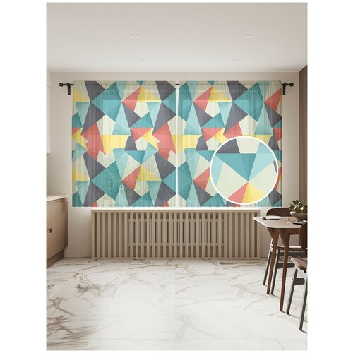 Тюль для кухни и спальни JoyArty "Хаос форм", 2 полотна со шторной лентой шириной по 145 см, высота 180 см.