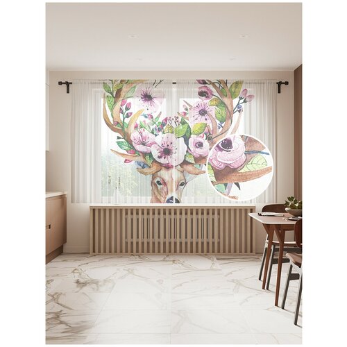 Тюль для кухни и спальни JoyArty "Олень с цветами в рогах", 2 полотна со шторной лентой шириной по 145 см, высота 180 см.