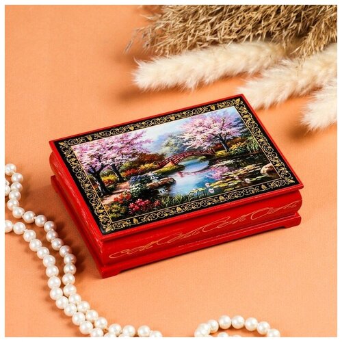 Шкатулка «Цветение сакуры», красная, 10×14 см, лаковая миниатюра 3579592