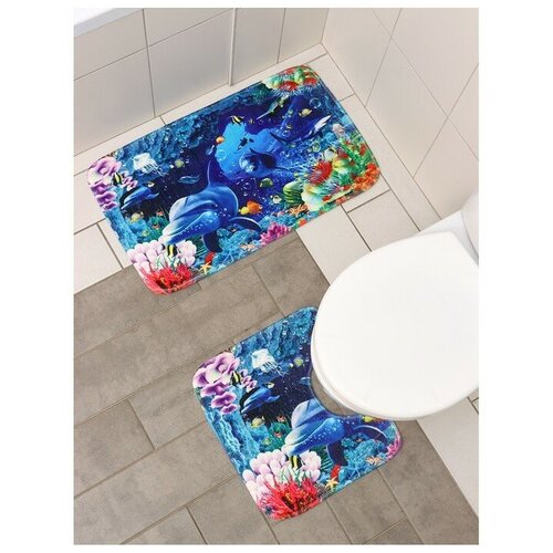Набор ковриков для ванной и туалета Доляна «Морское дно», 2 шт: 40×45, 45×75 см