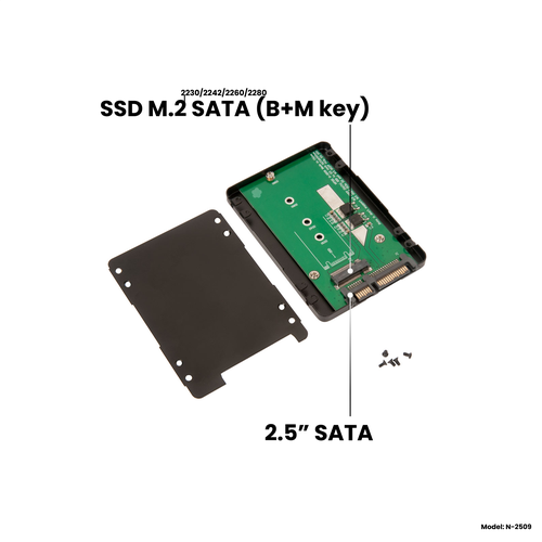 Адаптер-переходник для установки SSD M.2 SATA (B+M key) в металлический черный корпус (бокс) 2.5" SATA, NFHK N-2509