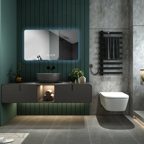 Зеркало для ванной Prisma 80*100 прямоугольное горизонтальное c часами и подогревом
