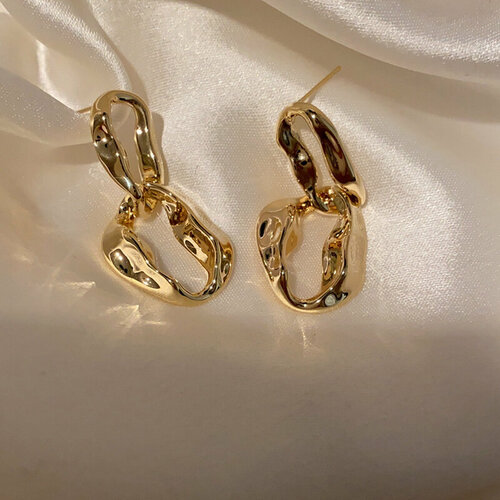 Серьги с подвесками  Серьги гвоздики подвески овальные золотистые сережки, размер 35 мм, золотой