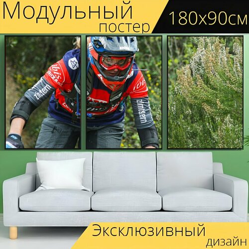Модульный постер "Велосипедист, гонка, горный велосипед" 180 x 90 см. для интерьера