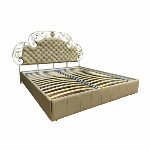 Кровать двуспальная Аргеста, спальное место (ШхД): 180см х200см, с подъемным механизмом, натуральная кожа, цвет бежевый