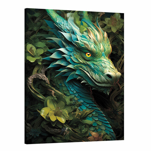 Интерьерная картина 50х70 "Зеленый деревянный дракон в мире мечты"