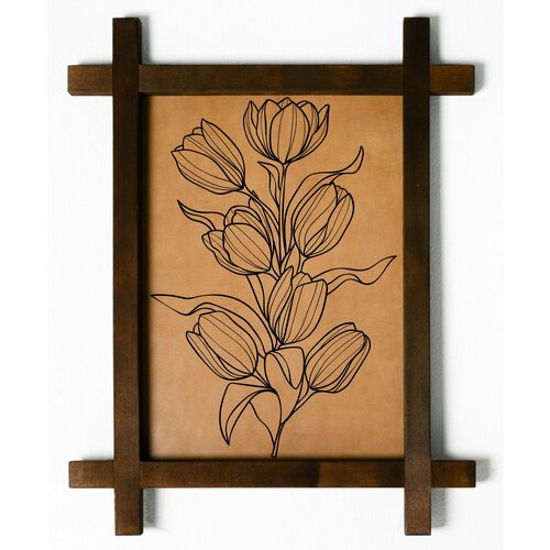 Картина Тюльпаны, гравировка на натуральной коже, интерьерная для украшения и декора на стену в деревянной раме, подарок, BoomGift