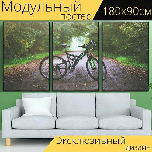 Модульный постер "Горный велосипед, грязная дорога, приключение" 180 x 90 см. для интерьера