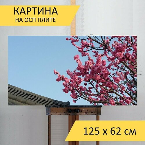 Картина на ОСП 125х62 см. "Небо, цветок, вишни в цвету" горизонтальная, для интерьера, с креплениями