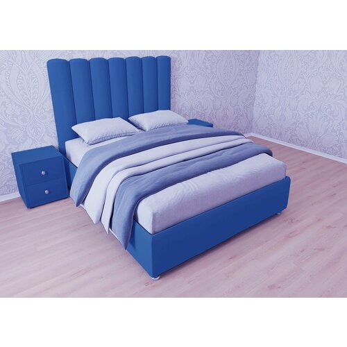 Двуспальная кровать Женева Нью 140x200 с подъемным механизмом и с коробом для белья велюр синий ножки 5 см