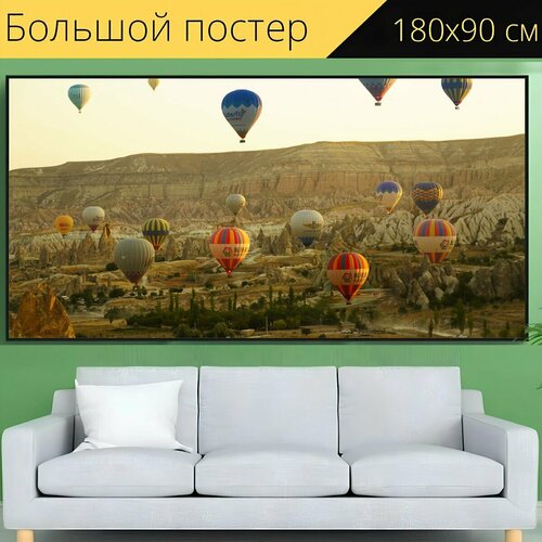 Большой постер "Воздушные шары, надувные шарики, горы" 180 x 90 см. для интерьера
