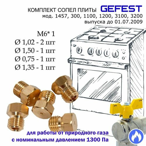 Комплект жиклеров, форсунок газовой плиты "GEFEST" моделей 1457, 300, 1100, 1200, 3100, 3200 (до 07.2009) под природный газ