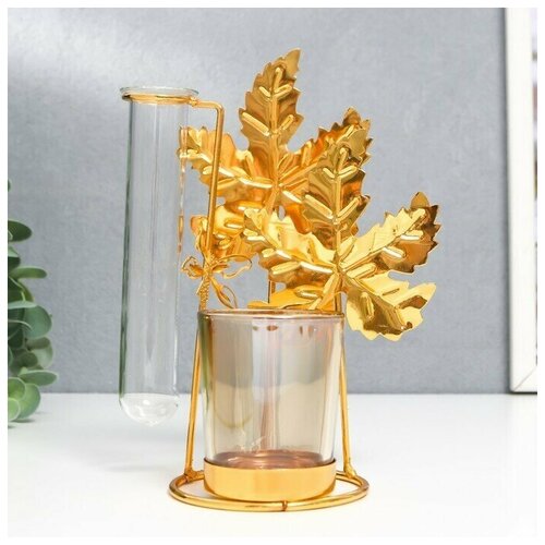 Подсвечник металл, стекло на 1 свечу с вазой Золотые листья d-5 см, 7,5 х 14 х 18,5 см