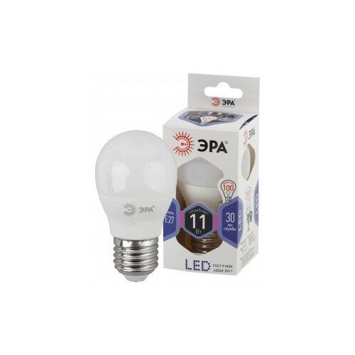 Светодиодная LED лампа ЭРА стандарт шар P45 E27 11W(880lm) 6000K 6K 84x45 (упаковка 12 штук)