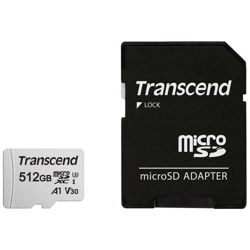 Карта памяти Transcend microSDXC 512 ГБ Class 10, V30, A1, UHS-I U3, R/W 100/85 МБ/с, адаптер на SD, 1 шт., разноцветный