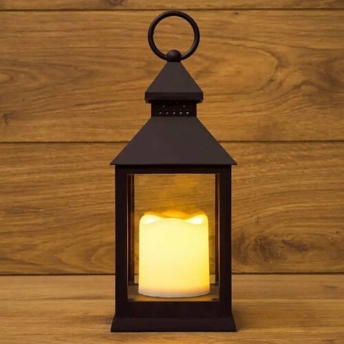 Декоративный фонарь со свечкой, черный корпус, размер 10.5х10.5х24 см, цвет теплый белый {513-051}