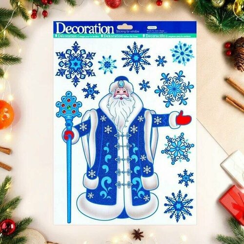 Наклейка новогодняя для декора "Дедушка мороз и снежинки"