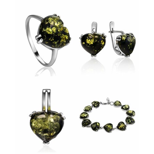 Комплект бижутерии: браслет, кольцо, серьги, подвеска, янтарь, зеленый