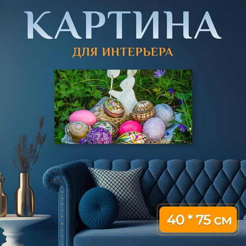 Картина на холсте "Пасхальный, пасхальное яйцо, пасха нест" на подрамнике 75х40 см. для интерьера