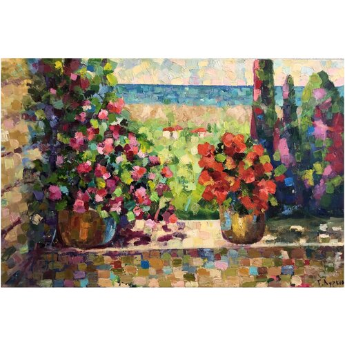 Картина маслом на холсте Южный пейзаж Пейзаж с цветами Греция