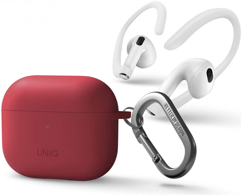 Чехол с карабином Uniq NEXO Liquid silicone + Sports ear hooks для AirPods 3, Коралловый