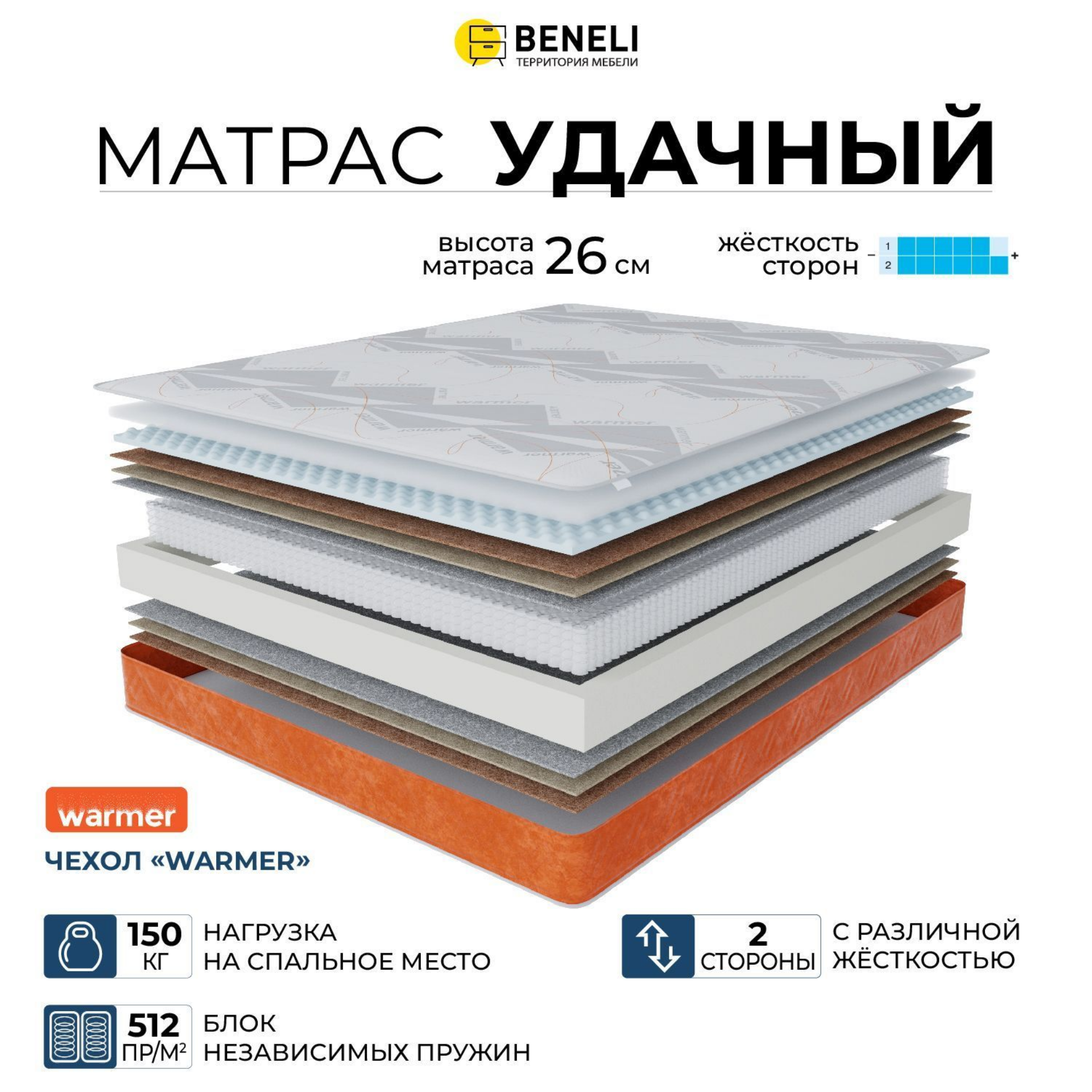 Ортопедический матрас Beneli Удачный в чехле Warmer, двусторонний, 180х200