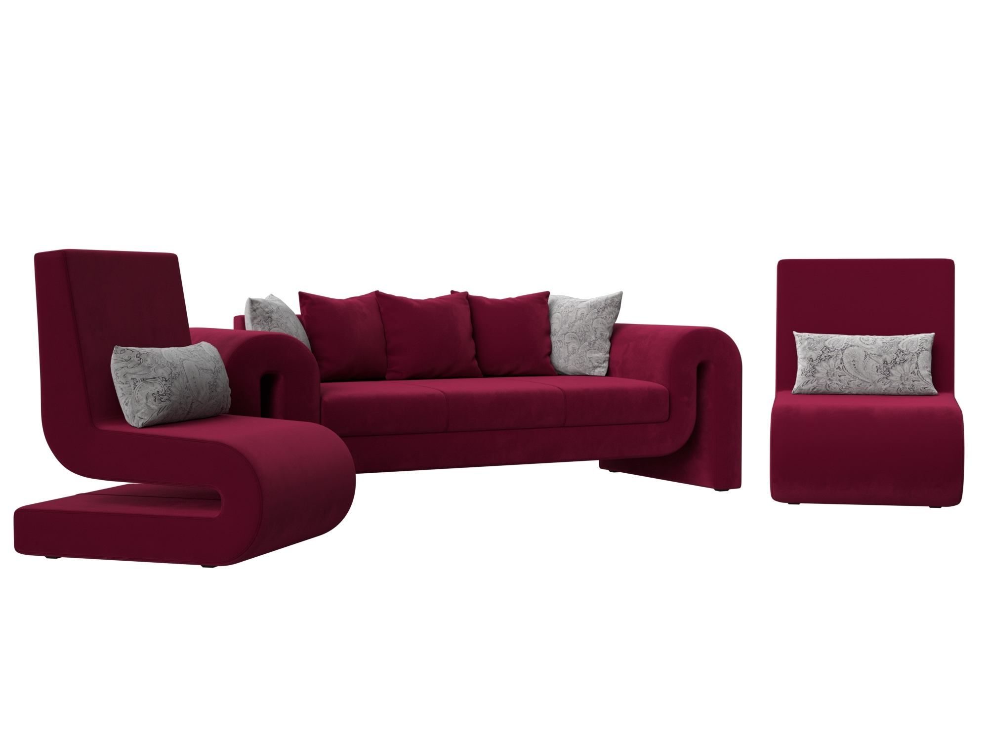 Набор Волна-1 (диван, 2 кресла) микровельвет бордовый