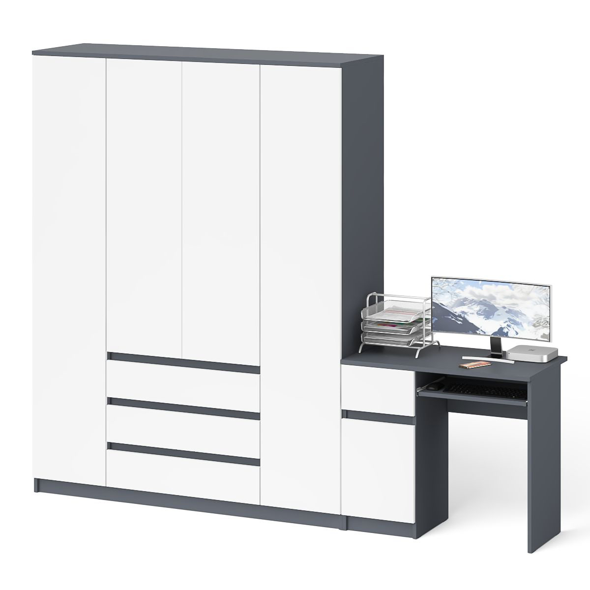 Компьютерный стол СВК Мори МС-1Л со шкафов 1600-1 графит/белый, 250х50х210 см