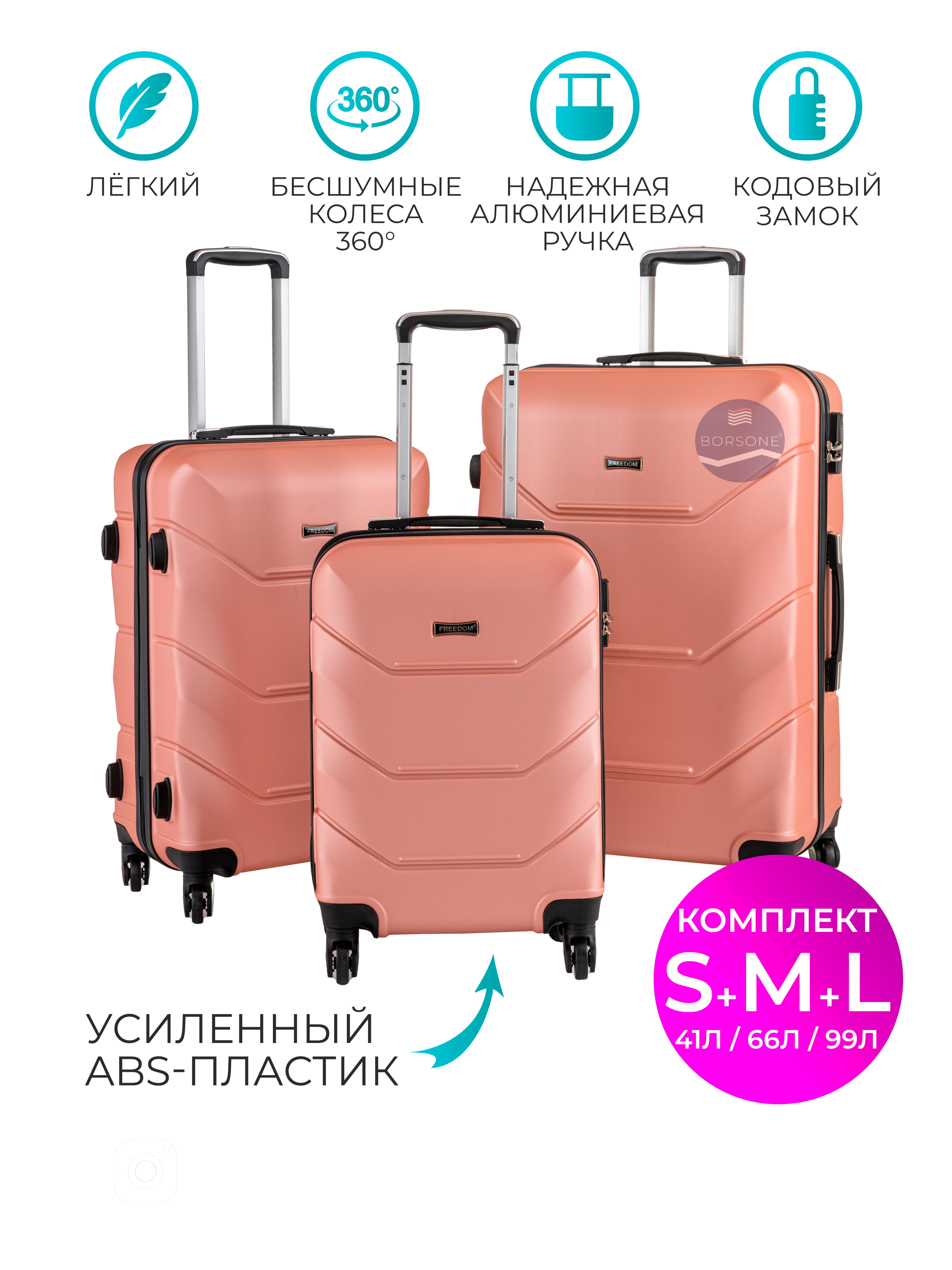 Комплект чемоданов женский Borsone Freedom пудровый S/M/L
