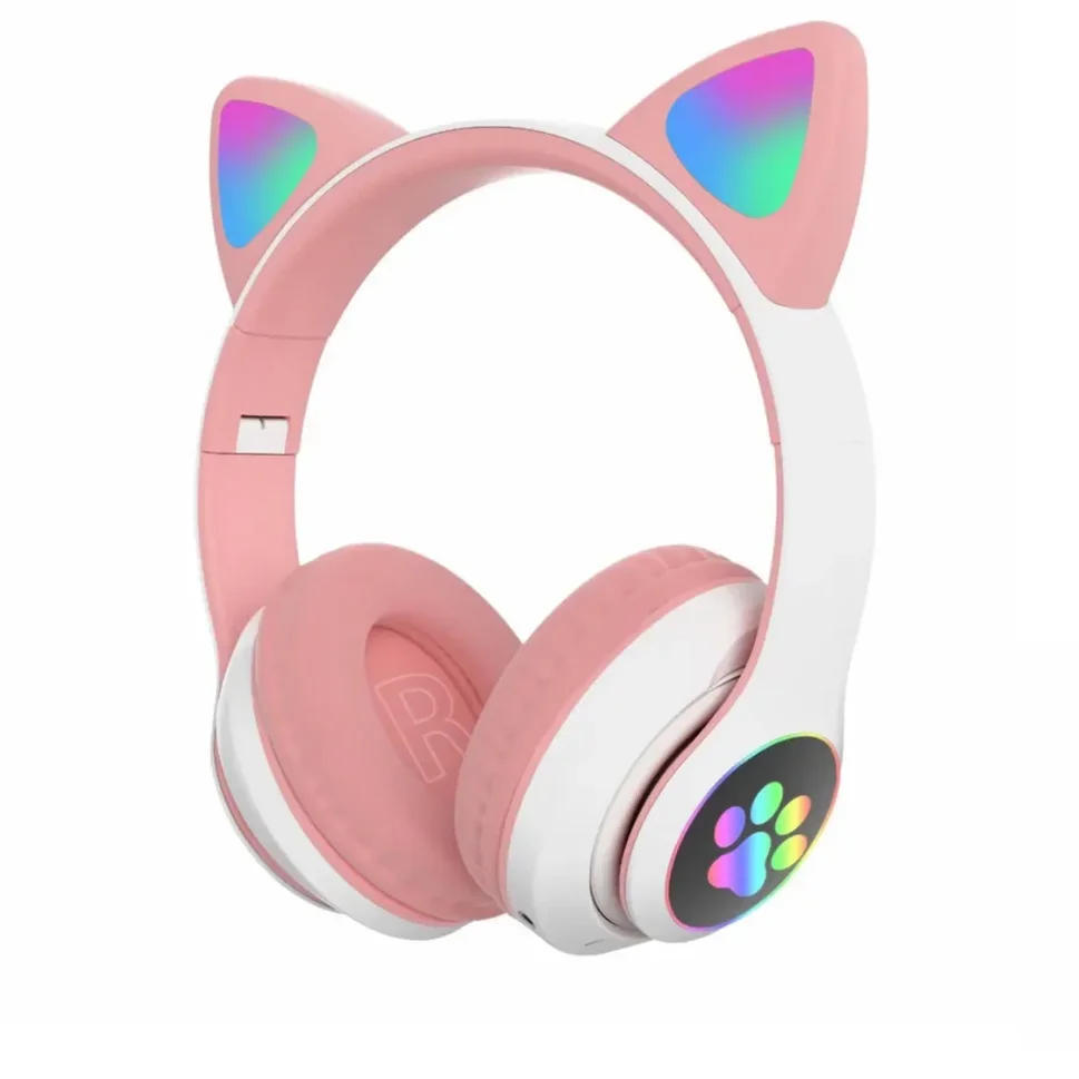 Беспроводные наушники AKS-28 Bluetooth со светящимися кошачьими ушами / розовые