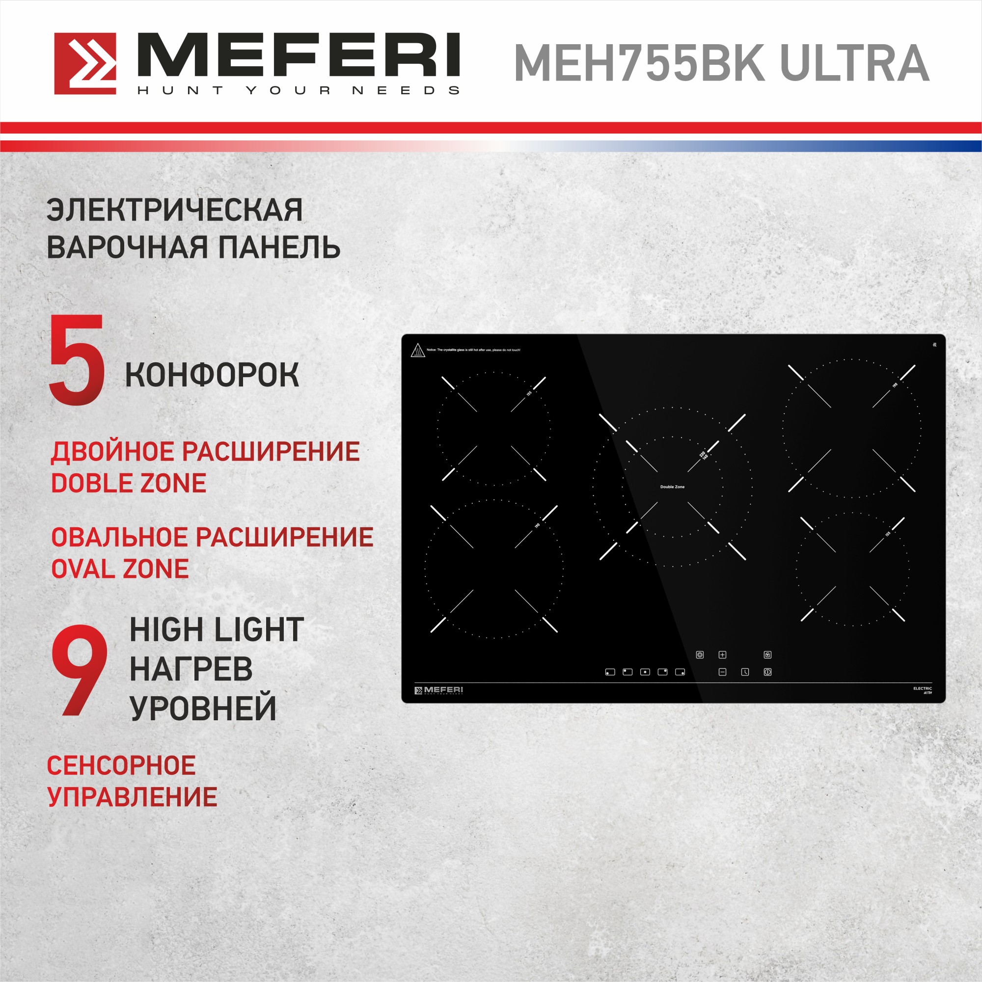 Встраиваемая варочная панель электрическая Meferi MEH755BK ULTRA черный