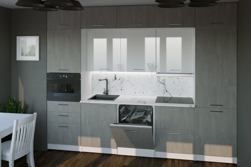 Кухонный гарнитур Терция 300 см, белый глянец / бетон светлый