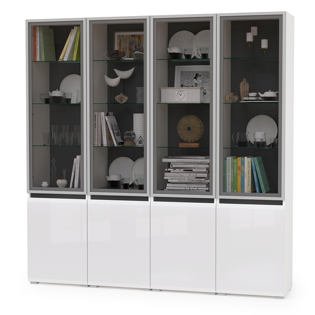 Набор шкафов со стеклом Mobi Сидней № 18 чёрный/белый глянец, 200х41х205 см