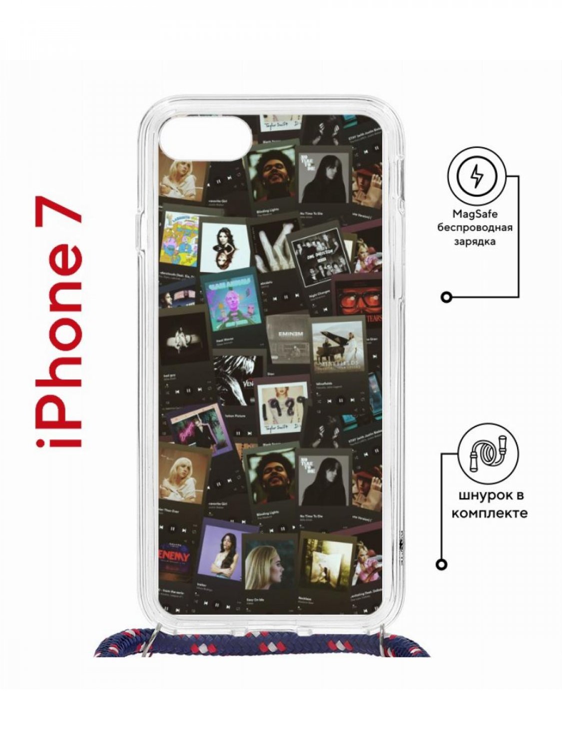 Чехол на iPhone 7/8/SE 2020,2022 MagSafe Kruche Print Плейлисты с магнитом, со шнурком