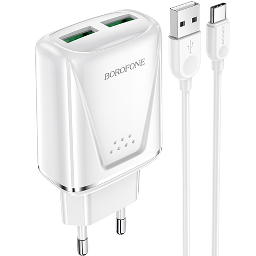 Сетевой адаптер питания Borofone BA54A WideRoad QuickCharge 3.0, кабель USB-C, белый