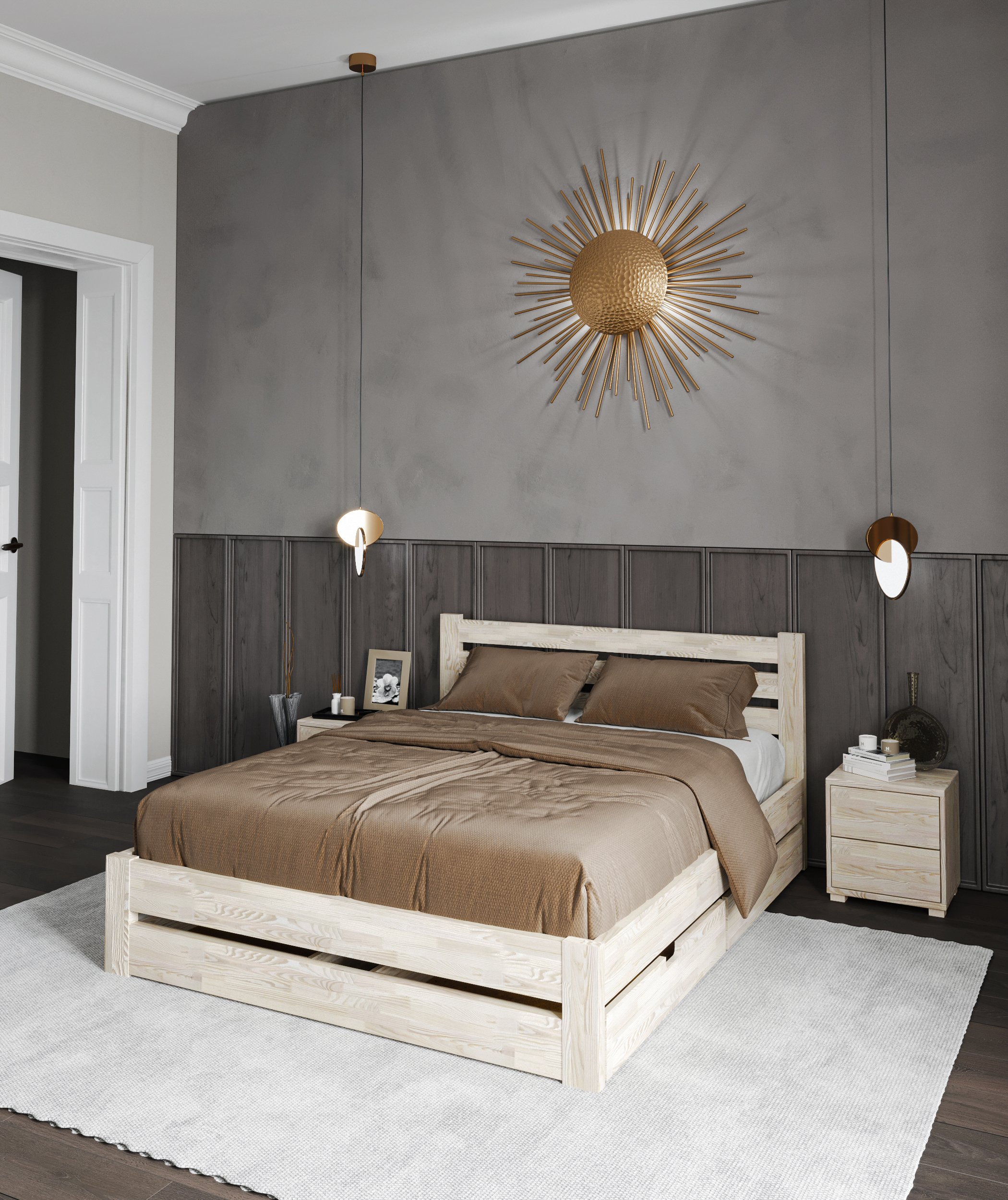 Кровать МиДа Трейд Амелия-2 с 4 ящиками 180x190 из массива сосны, без покрытия